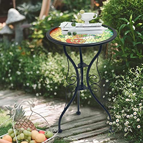 YardsBee Gecko Outdoor Side Table,Mosaic Patio Side Table,12 Inch Accent Round Side Table,Plant Table with Tile Top,Samll Metal Glass End Table for Garden Porch Patio Home