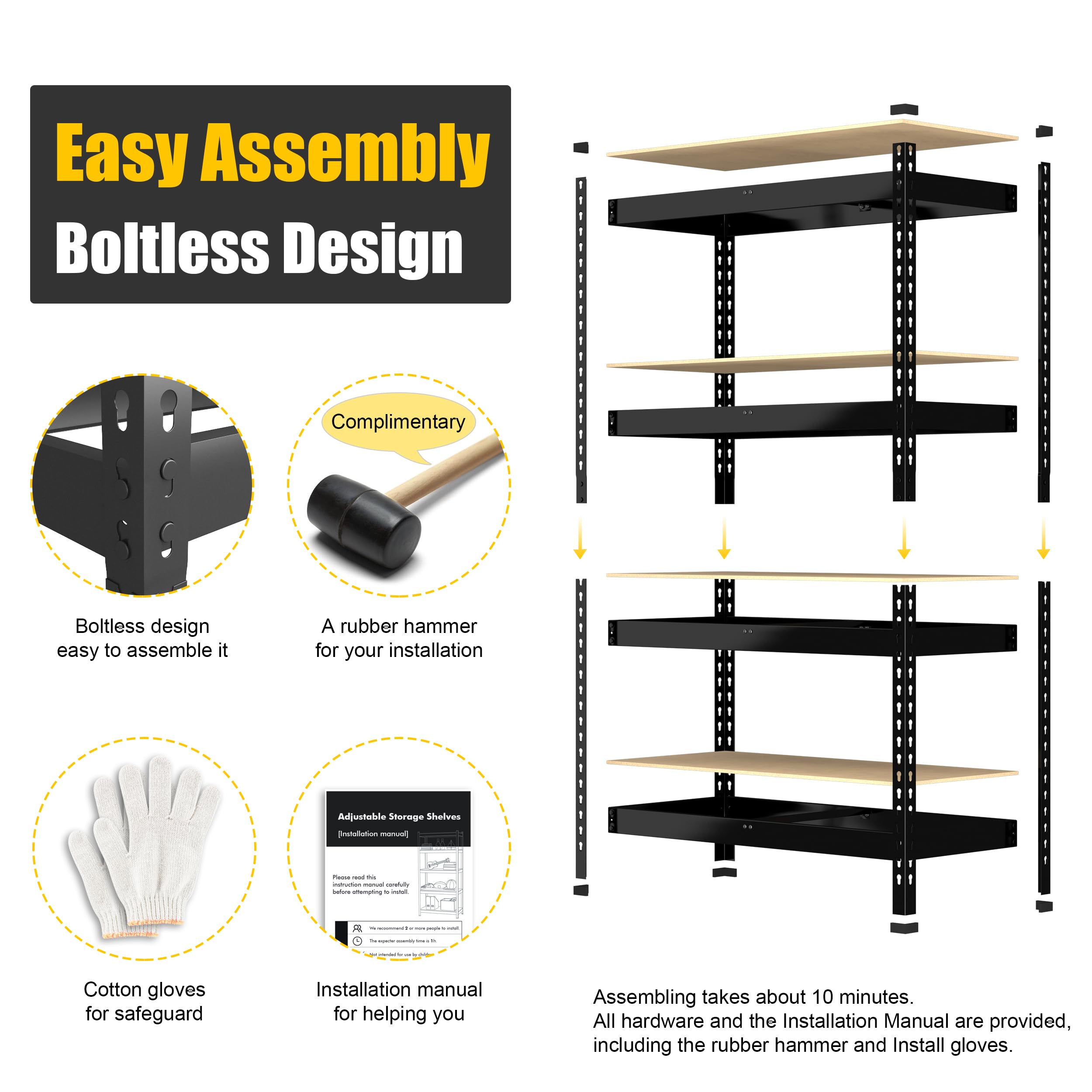 PrimeZone 4 Tier 36" W x 16" D x 55" H Storage Shelves - Adjustable Garage Storage Shelving, Heavy Duty Metal Storage Utility Rack Shelf Unit for Warehouse Pantry Closet Kitchen, Black