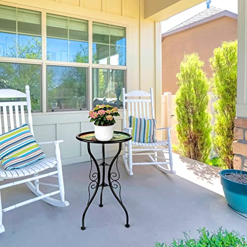 YardsBee Gecko Outdoor Side Table,Mosaic Patio Side Table,12 Inch Accent Round Side Table,Plant Table with Tile Top,Samll Metal Glass End Table for Garden Porch Patio Home