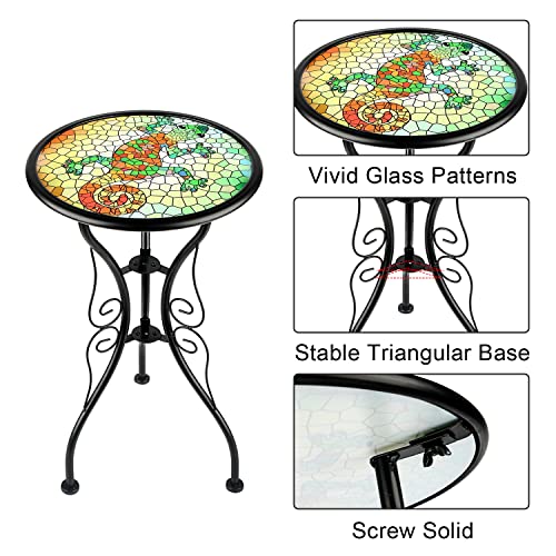 YardsBee Gecko Outdoor Side Table,Mosaic Patio Side Table,12 Inch Accent Round Side Table,Plant Table with Tile Top,Samll Metal Glass End Table for Garden Porch Patio Home
