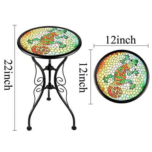 YardsBee Gecko Outdoor Side Table,Mosaic Patio Side Table,12 Inch Accent Round Side Table,Plant Table with Tile Top,Samll Metal Glass End Table for Garden Porch Patio Home