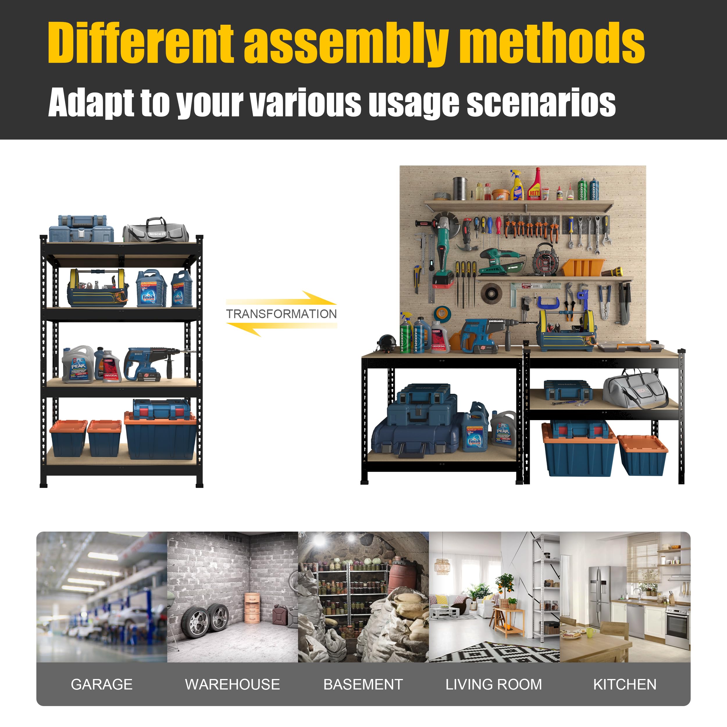 PrimeZone 4 Tier 36" W x 16" D x 55" H Storage Shelves - Adjustable Garage Storage Shelving, Heavy Duty Metal Storage Utility Rack Shelf Unit for Warehouse Pantry Closet Kitchen, Black
