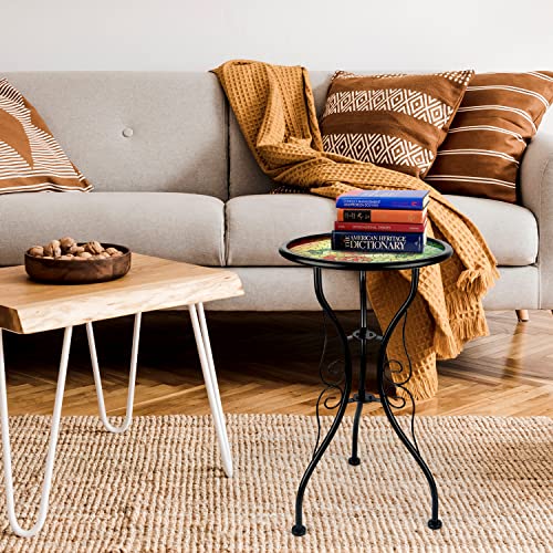 YardsBee Gecko Outdoor Side Table,Mosaic Patio Side Table,12 Inch Accent Round Side Table,Plant Table with Tile Top,Samll Metal Glass End Table for Garden Porch Patio Home