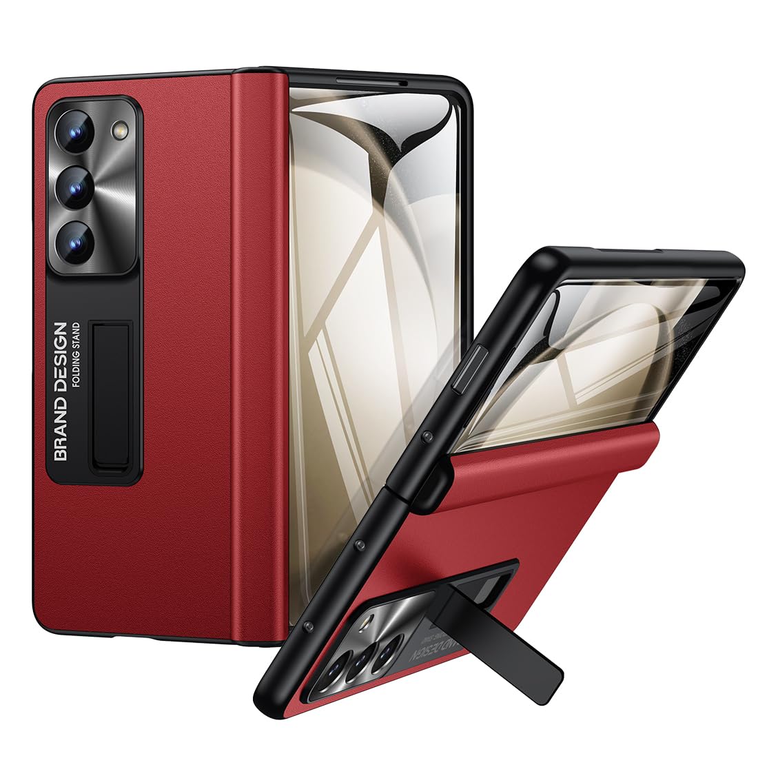 LEIAU for Samsung Galaxy Fold 5 Case: Luxury Genuine Leather case with Full Cover Hinge Protection & Screen Protector & Kickstand - Shockproof Protective Phone Case for Galaxy Z Fold 5 5G Red