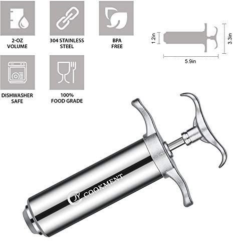 JY COOKMENT Meat Injector Syringe 2-oz Marinade Flavor Barrel 304 Stainless Steel with 3 Professional Needles 2 Cleaning Brushes and 4 Silicone O-Rings