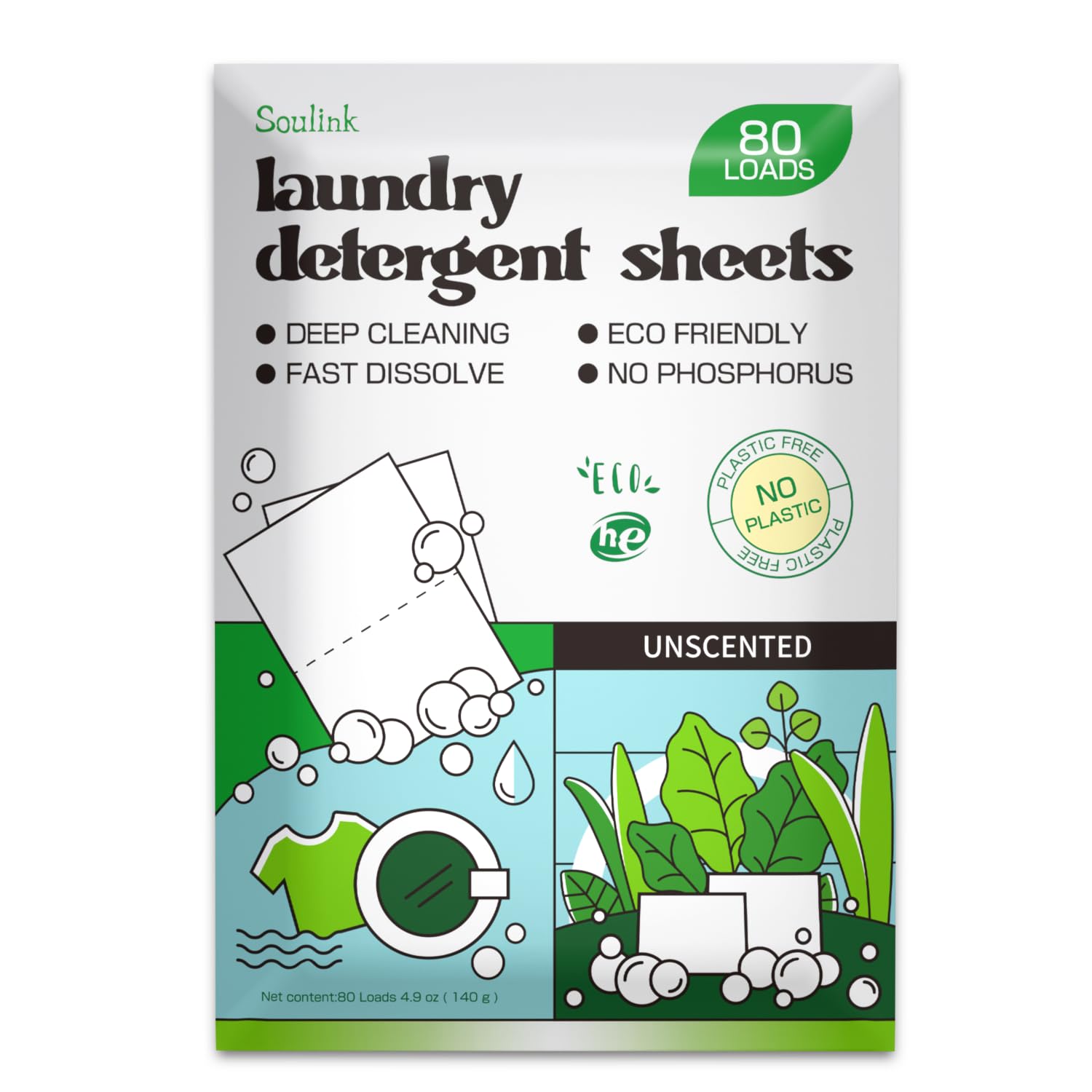 Soulink Laundry Detergent Sheets, 80 Count, Unscented, Plant-based, Eco-Friendly, No Plastic Jug, No Soap Strips, Hypoallergenic, Safe for Sensitive Skin