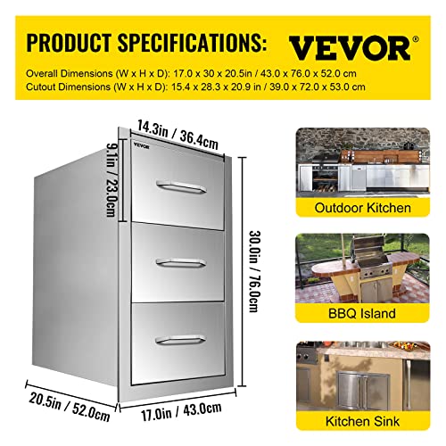 Happybuy 17''W x 30''H Triple Access Stainless Steel with Chrome Handle BBQ Island Drawers for Outdoor Kitchen or Grill Station