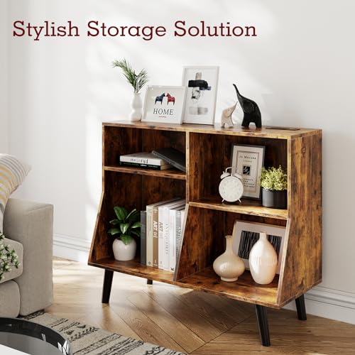 Ethlomoer Storage Organizer BookShelf with Outlets, 3 Tier Mid-Century Modern Bookcase with Legs, Freestanding Wood Open Bookcase, Retro Industrial Horizontal Bookcase for Bedroom, Living Room, Office
