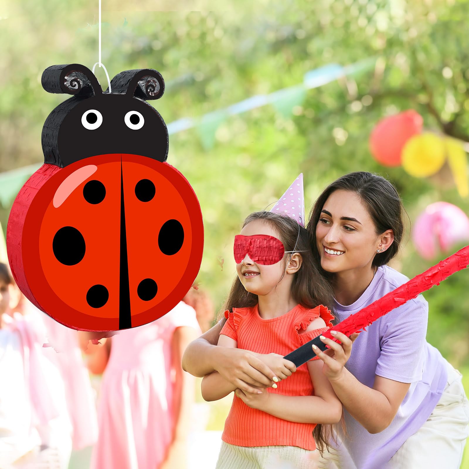 Pasimy Ladybug Piñata with Blindfold Bat Confetti Ladybug Party Decorations Ladybug Birthday Party Supplies Summer Parties Game Insect Party PiñataCarnival Decorations, 16 x 11.8 x 2.9 Inches