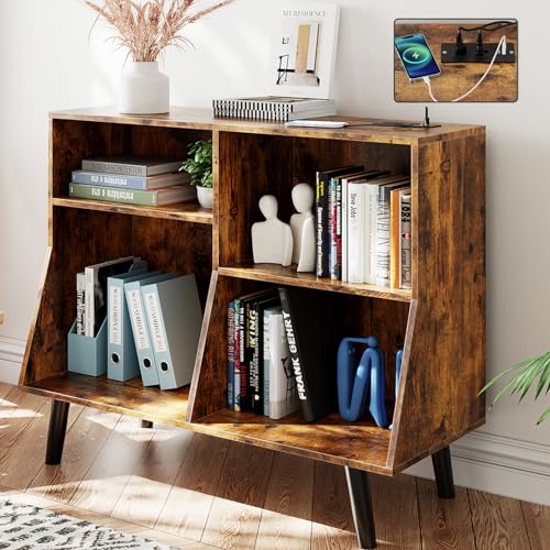 Ethlomoer Storage Organizer BookShelf with Outlets, 3 Tier Mid-Century Modern Bookcase with Legs, Freestanding Wood Open Bookcase, Retro Industrial Horizontal Bookcase for Bedroom, Living Room, Office