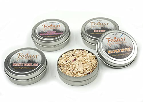 Foghat Fuel Sampler Four Pack | Whiskey Barrel Oak, Old Hickory, Sweet Texas Mesquite, Maple Myst Wood Shavings, 4 x 1oz | Cocktail and Culinary Wood Chips for Smoking
