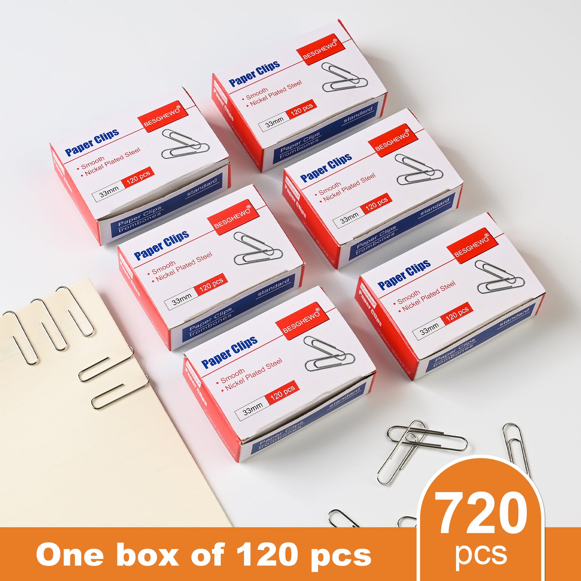 Paper Clips 720 pcs, Paper Clips Medium Size, Paperclips Office Supplies, No.1 Smooth Paper Clips Standard Size(6 Boxes of 120 Each)