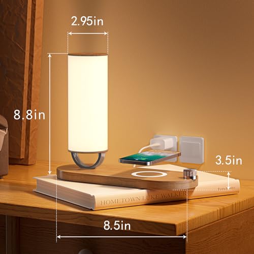FLYSOFT Small Table Lamp Bedside Lamps for Nightstand Lamp with Wireless Charging, Small Table Lamps for Bedroom and Living Room, Wireless Charging Station Dimmable Lamp