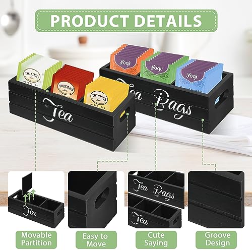 Tea Bag Organizer Set of 2, Wooden Tea Box with Handle, Tea Bag Holder for Tea Storage, Coffee Bar Accessories and Organizer, Tea Caddy Chests Container for Counter Cabinet, Sugar Packet Holder(Black)