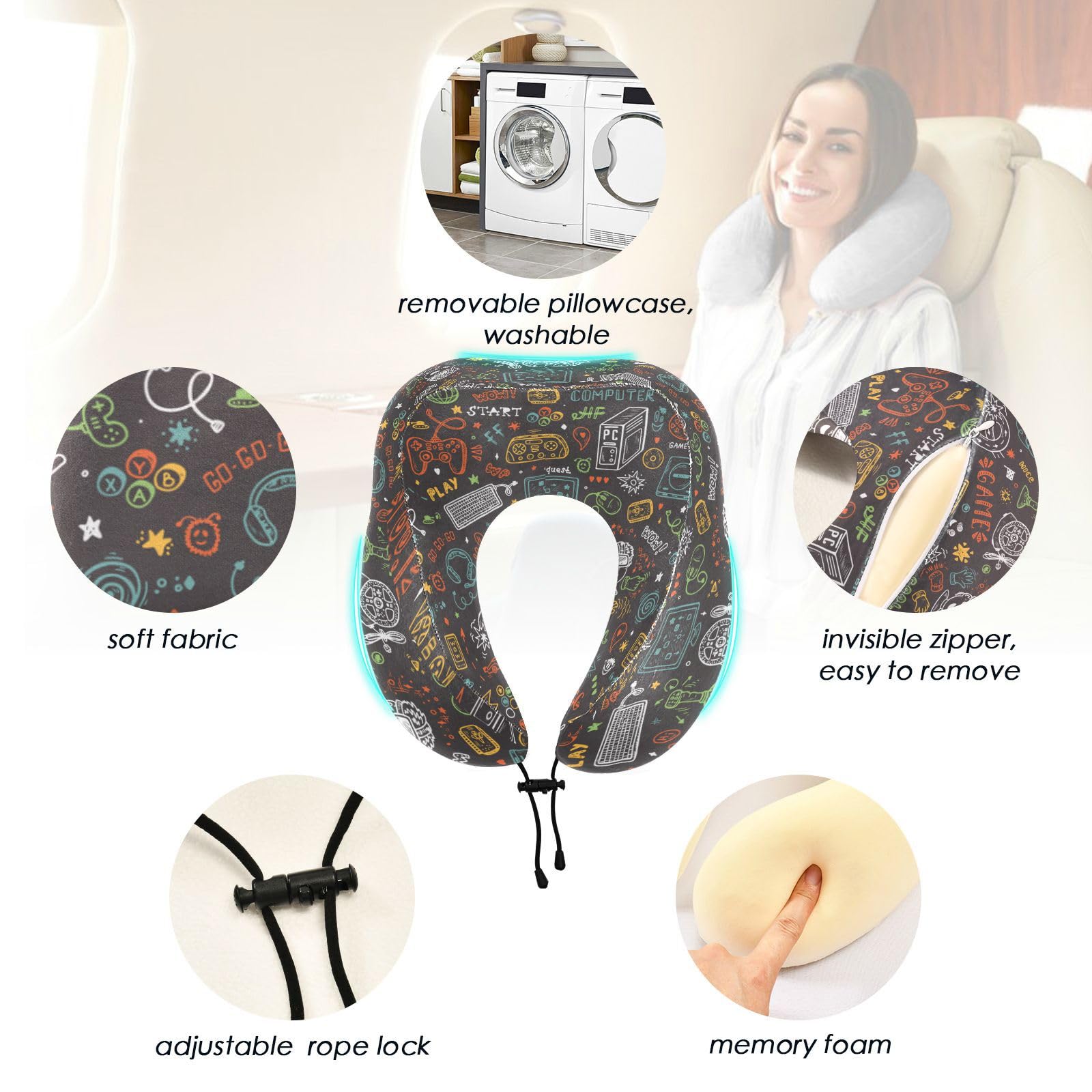 JIPONI Travel Pillow Computer Game Joystick Doodle Memory Foam Neck Pillow with Attachable Snap Strap for Traveling, Airplanes, Sleeping, Home, Office, Car