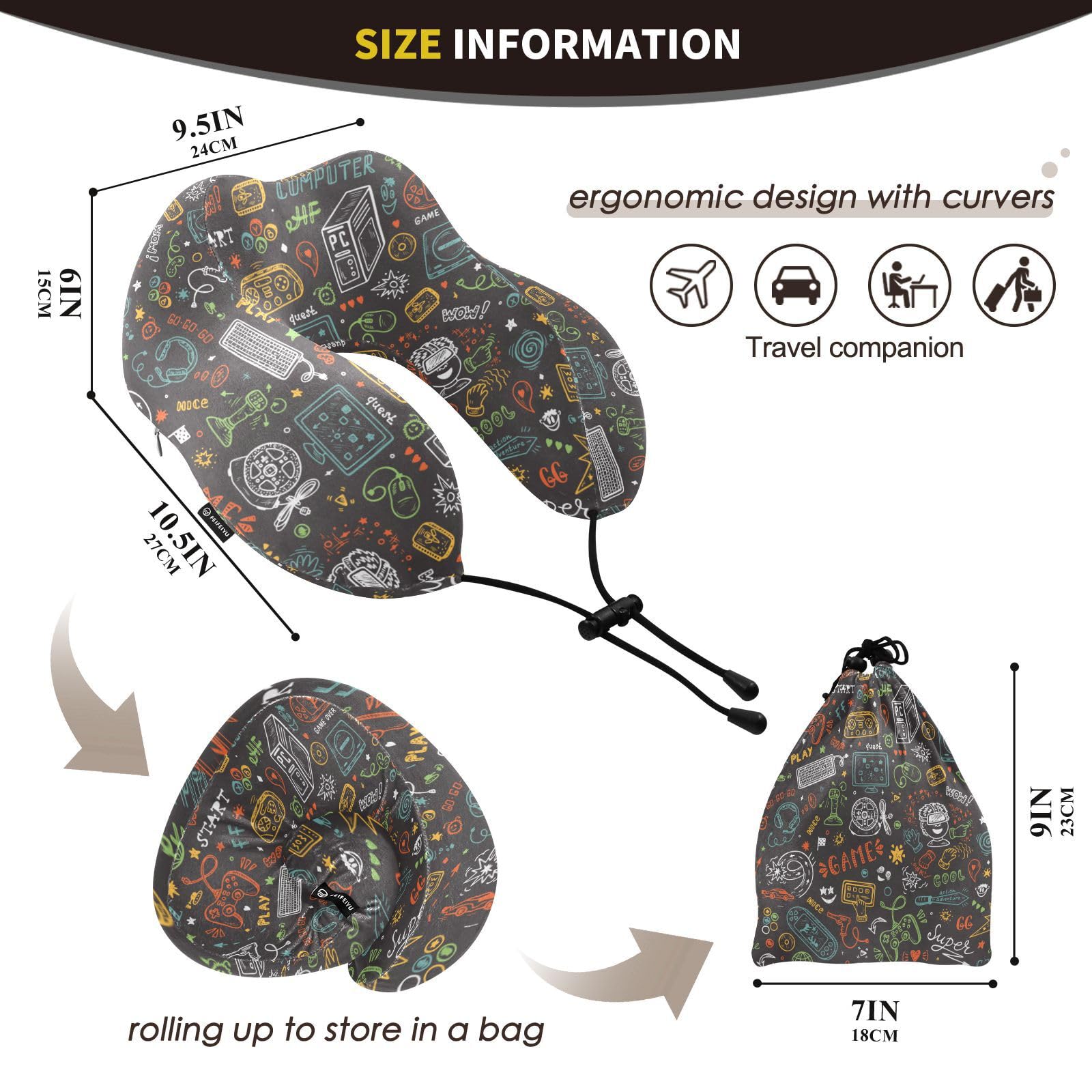 JIPONI Travel Pillow Computer Game Joystick Doodle Memory Foam Neck Pillow with Attachable Snap Strap for Traveling, Airplanes, Sleeping, Home, Office, Car