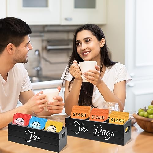 Tea Bag Organizer Set of 2, Wooden Tea Box with Handle, Tea Bag Holder for Tea Storage, Coffee Bar Accessories and Organizer, Tea Caddy Chests Container for Counter Cabinet, Sugar Packet Holder(Black)