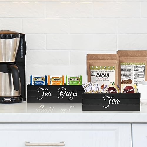 Tea Bag Organizer Set of 2, Wooden Tea Box with Handle, Tea Bag Holder for Tea Storage, Coffee Bar Accessories and Organizer, Tea Caddy Chests Container for Counter Cabinet, Sugar Packet Holder(Black)