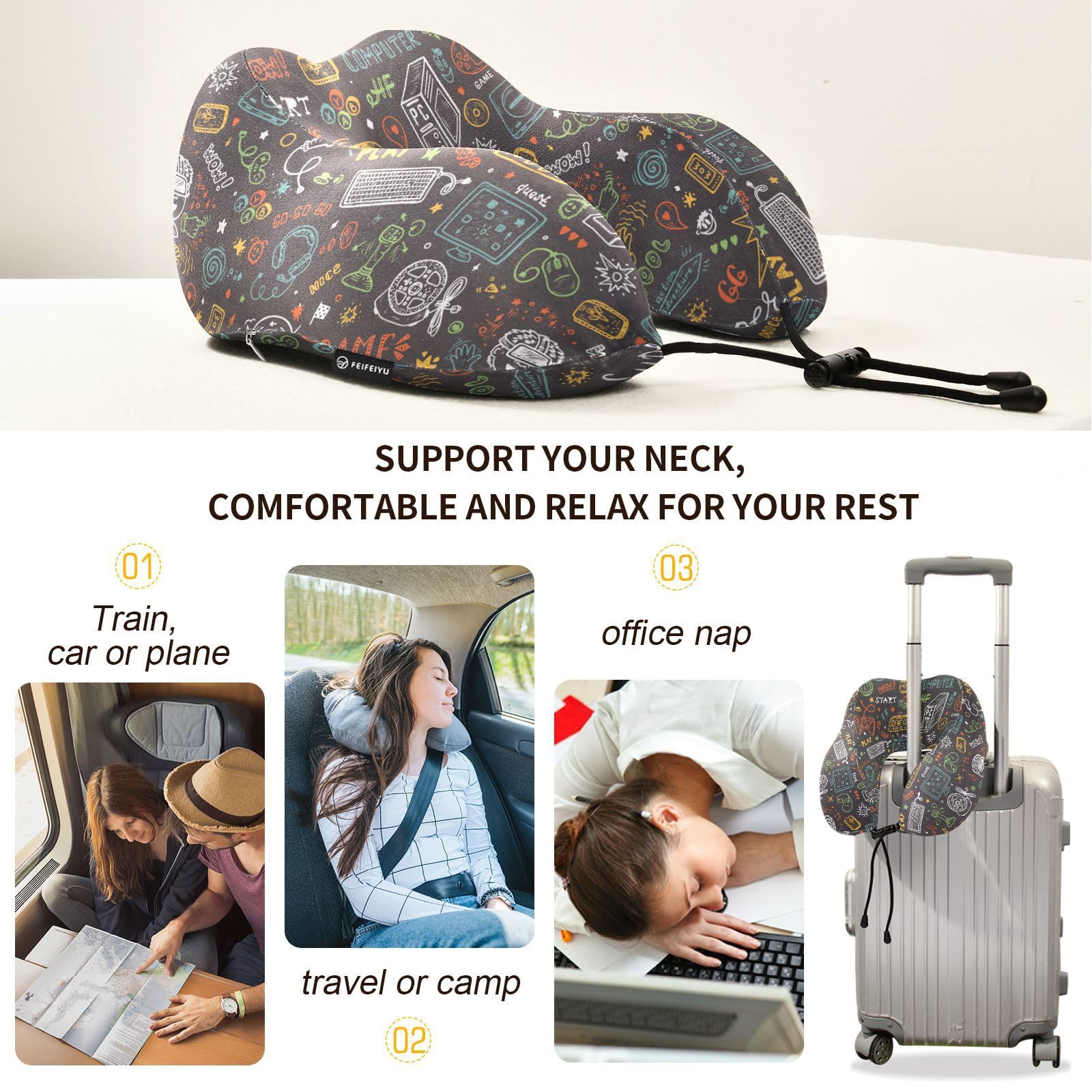 JIPONI Travel Pillow Computer Game Joystick Doodle Memory Foam Neck Pillow with Attachable Snap Strap for Traveling, Airplanes, Sleeping, Home, Office, Car
