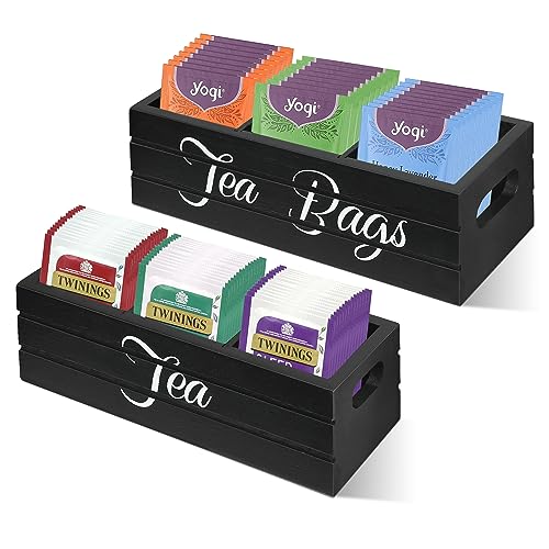 Tea Bag Organizer Set of 2, Wooden Tea Box with Handle, Tea Bag Holder for Tea Storage, Coffee Bar Accessories and Organizer, Tea Caddy Chests Container for Counter Cabinet, Sugar Packet Holder(Black)