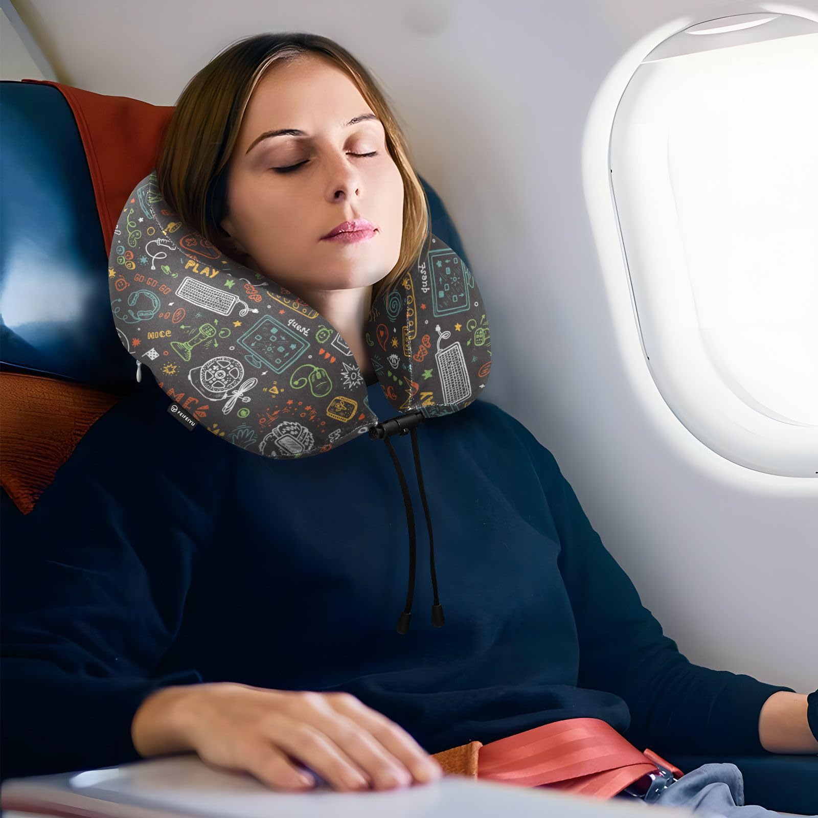 JIPONI Travel Pillow Computer Game Joystick Doodle Memory Foam Neck Pillow with Attachable Snap Strap for Traveling, Airplanes, Sleeping, Home, Office, Car