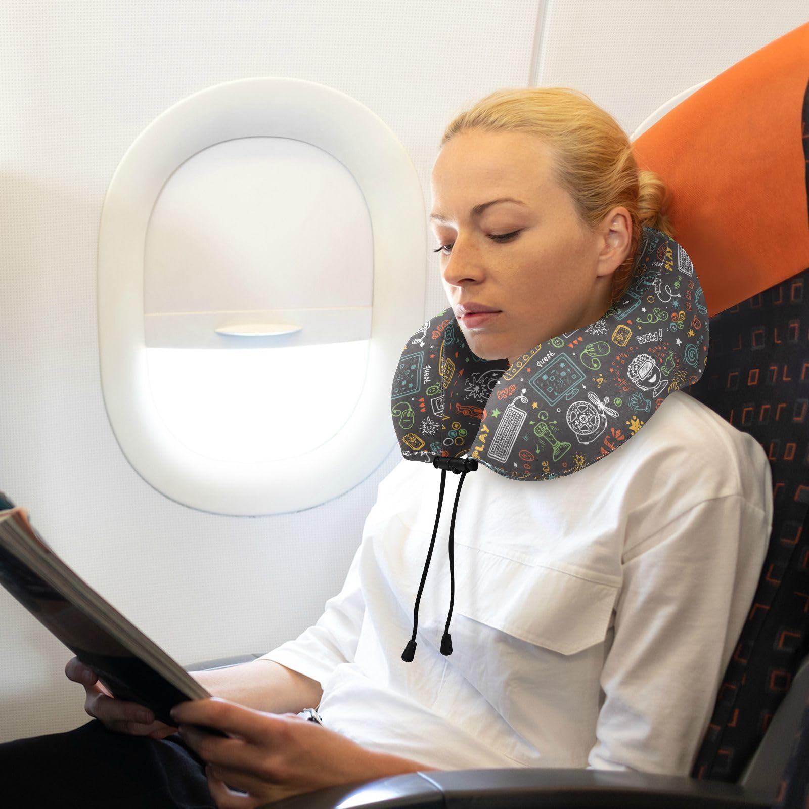 JIPONI Travel Pillow Computer Game Joystick Doodle Memory Foam Neck Pillow with Attachable Snap Strap for Traveling, Airplanes, Sleeping, Home, Office, Car