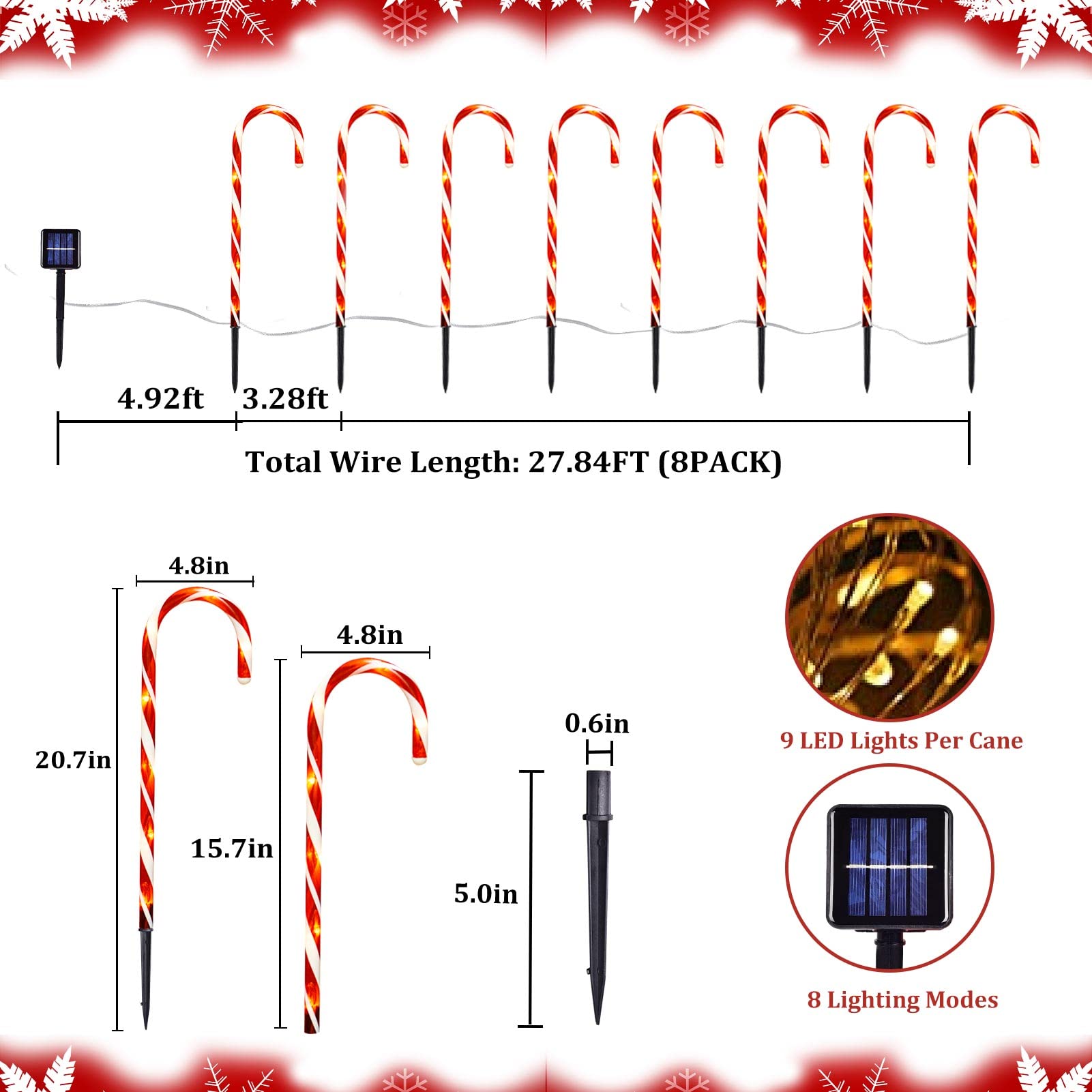 BRIGHTDECK Christmas Solar Candy Cane Pathway Lights, 8 Pack 21“ Outdoor LED Christmas Decorative Marker Lights, Light Up Solar Stake Lights for Holiday, Xmas, Walkway, Sidewalk, Garden,Yard(Red)