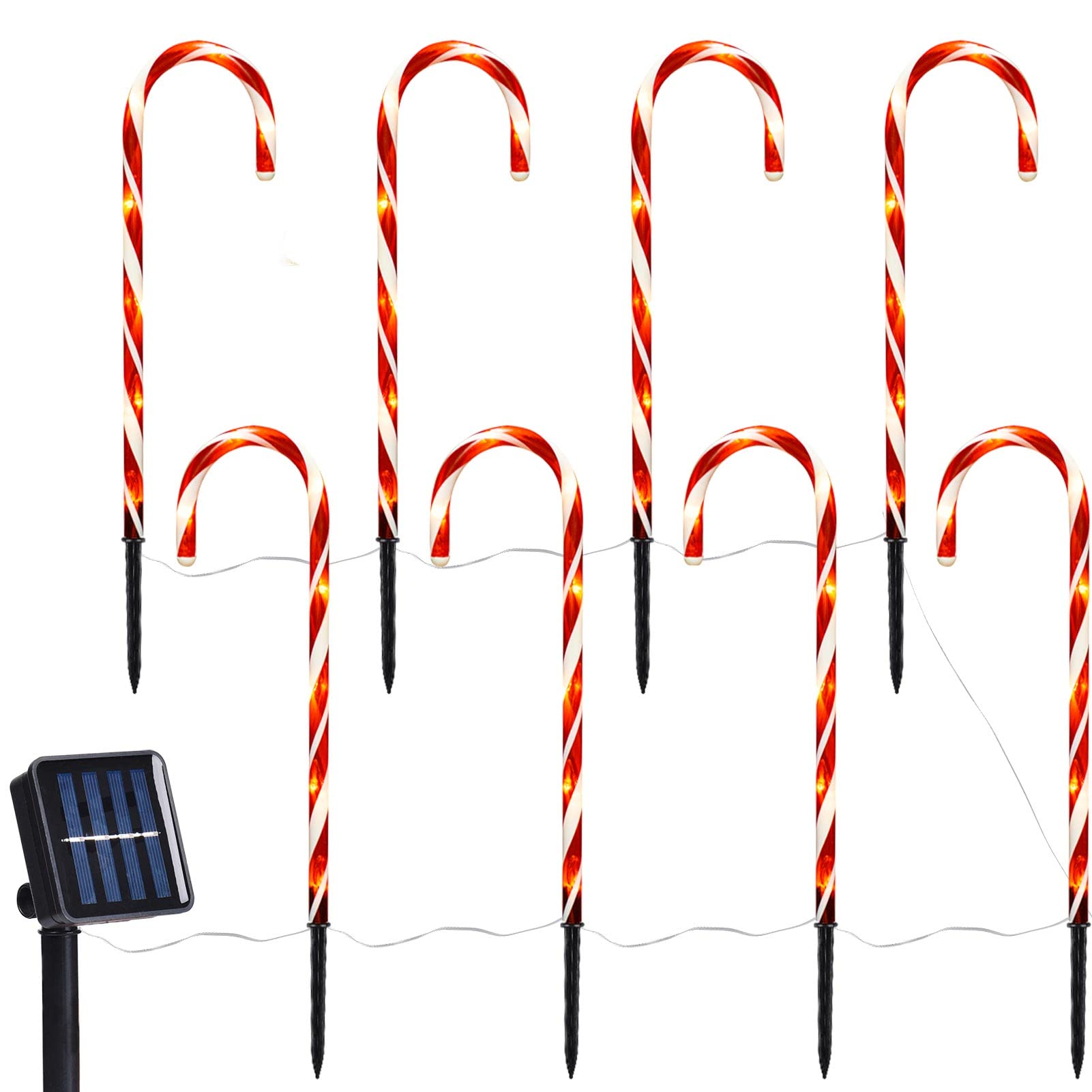 BRIGHTDECK Christmas Solar Candy Cane Pathway Lights, 8 Pack 21“ Outdoor LED Christmas Decorative Marker Lights, Light Up Solar Stake Lights for Holiday, Xmas, Walkway, Sidewalk, Garden,Yard(Red)