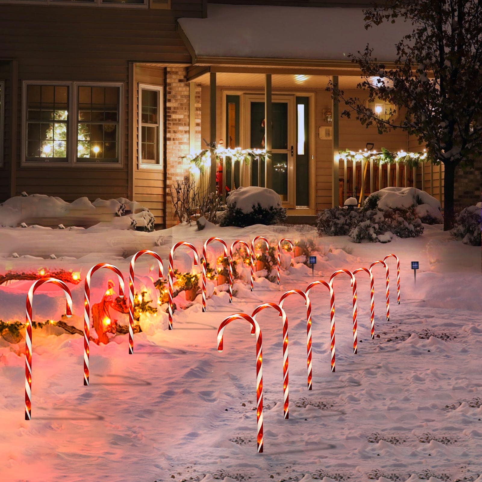 BRIGHTDECK Christmas Solar Candy Cane Pathway Lights, 8 Pack 21“ Outdoor LED Christmas Decorative Marker Lights, Light Up Solar Stake Lights for Holiday, Xmas, Walkway, Sidewalk, Garden,Yard(Red)