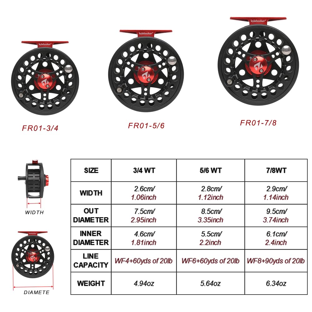 Kylebooker Fly Fishing Reel Large Arbor with Aluminum Body Fly Reel 3/4wt 5/6wt 7/8wt (Black with Red, 7/8wt)