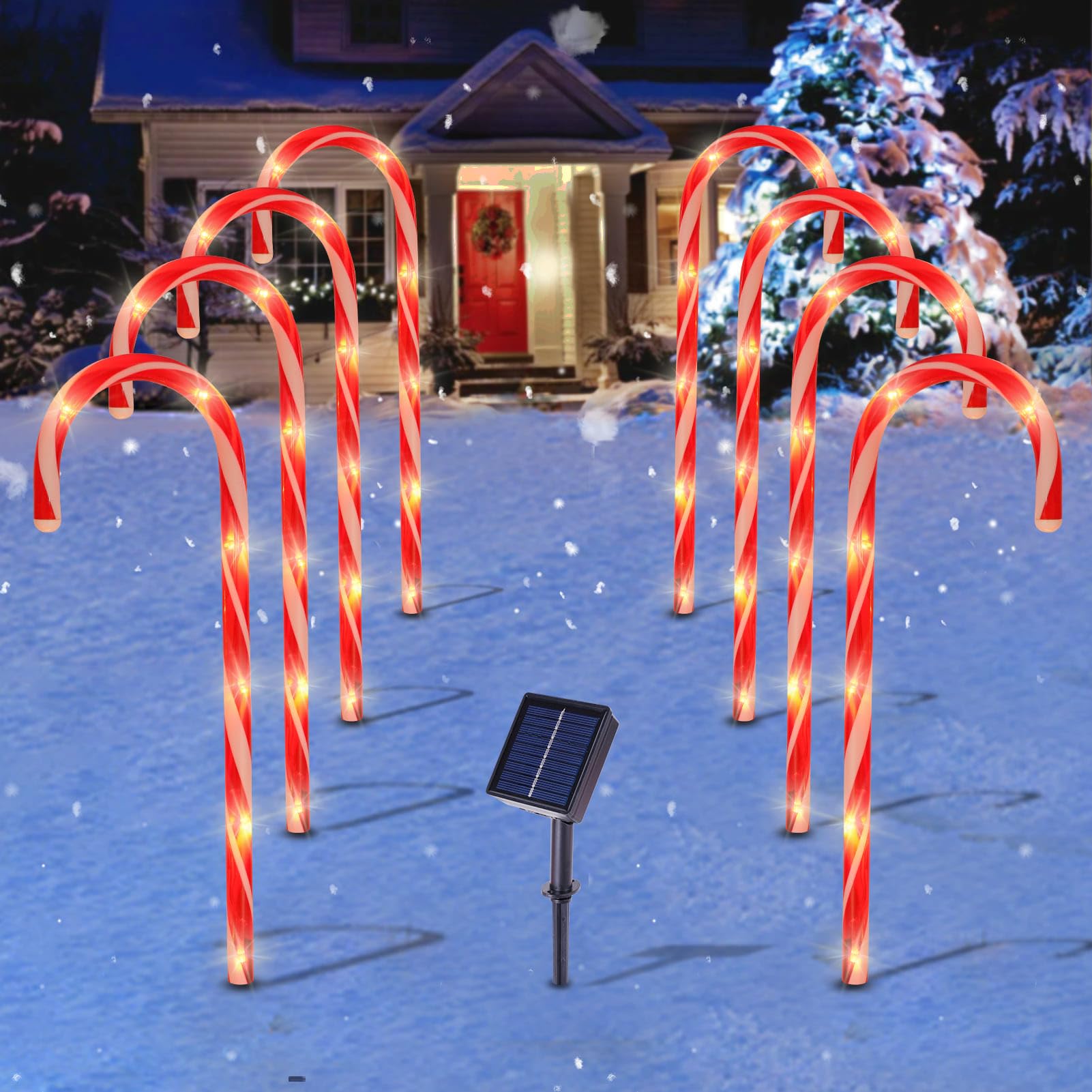 BRIGHTDECK Christmas Solar Candy Cane Pathway Lights, 8 Pack 21“ Outdoor LED Christmas Decorative Marker Lights, Light Up Solar Stake Lights for Holiday, Xmas, Walkway, Sidewalk, Garden,Yard(Red)