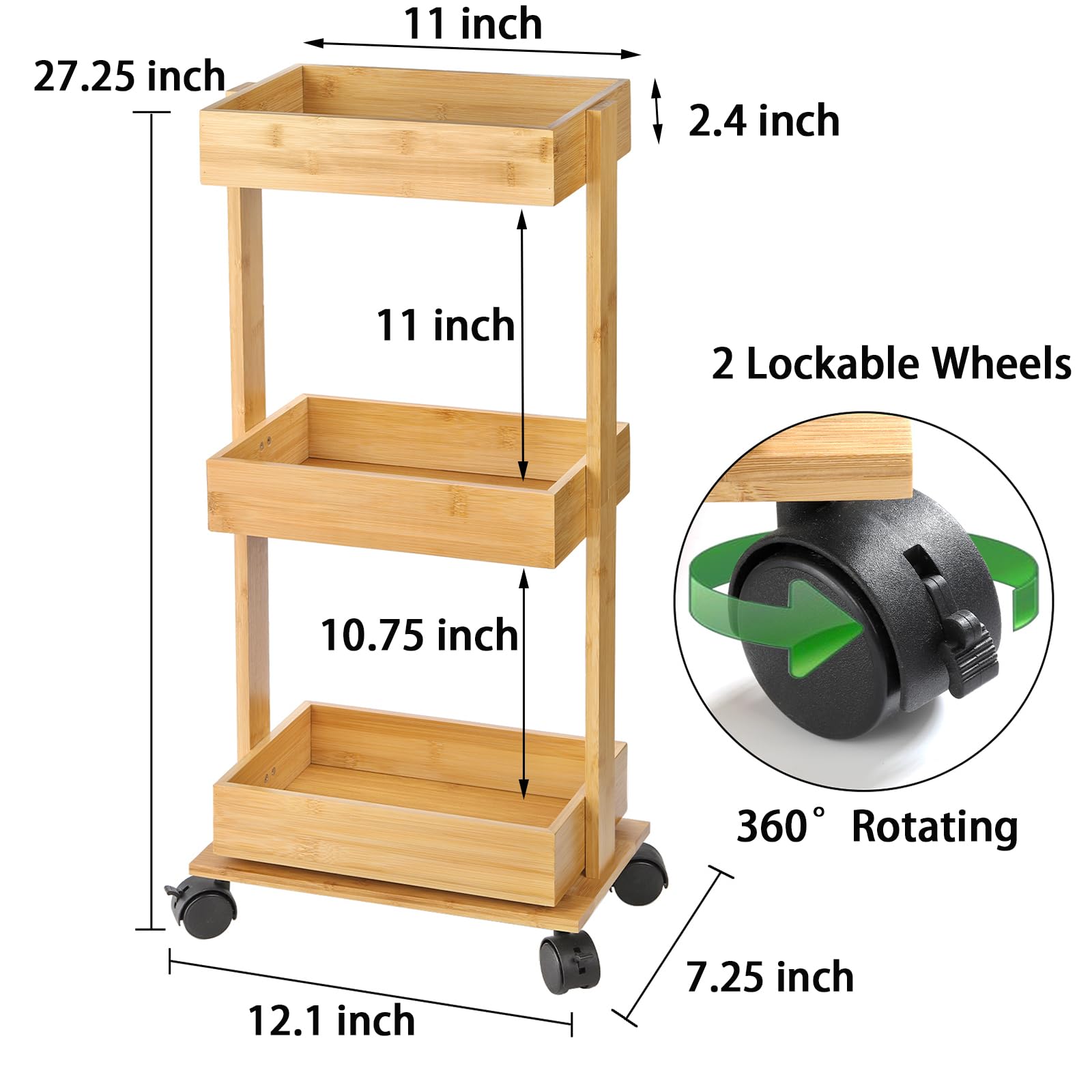TOPZEA Slim Storage Cart, 3-Tier Bamboo Rolling Utility Cart Standing Rack on Wheel, Mobile Shelving Unit Organizer Serving Trolley Slide Out Cart for Office Bathroom Kitchen Laundry Room(Upgraded)