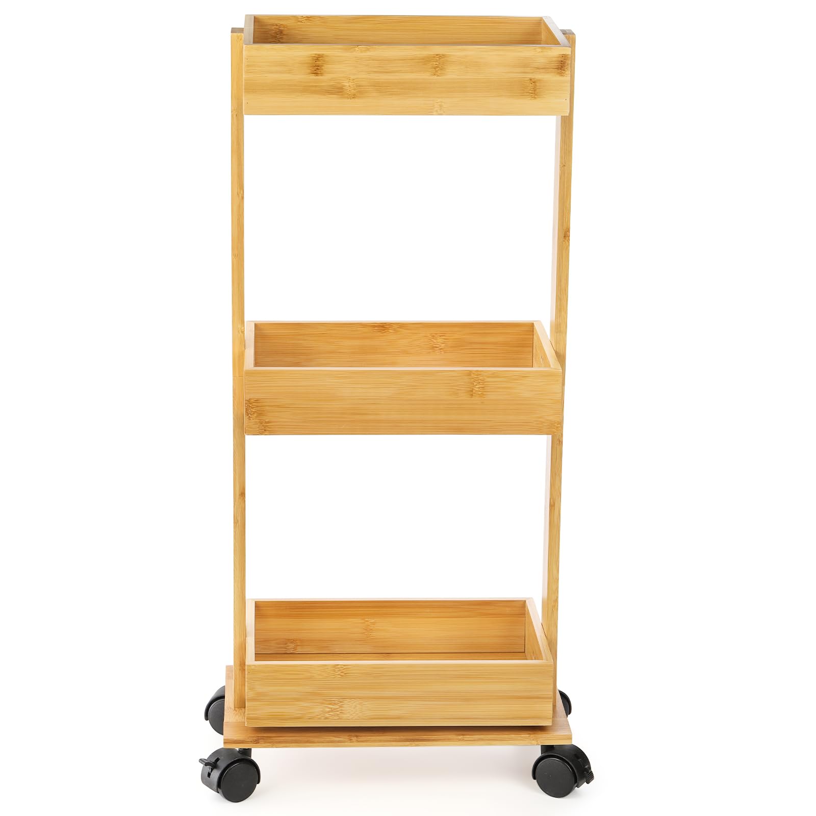 TOPZEA Slim Storage Cart, 3-Tier Bamboo Rolling Utility Cart Standing Rack on Wheel, Mobile Shelving Unit Organizer Serving Trolley Slide Out Cart for Office Bathroom Kitchen Laundry Room(Upgraded)