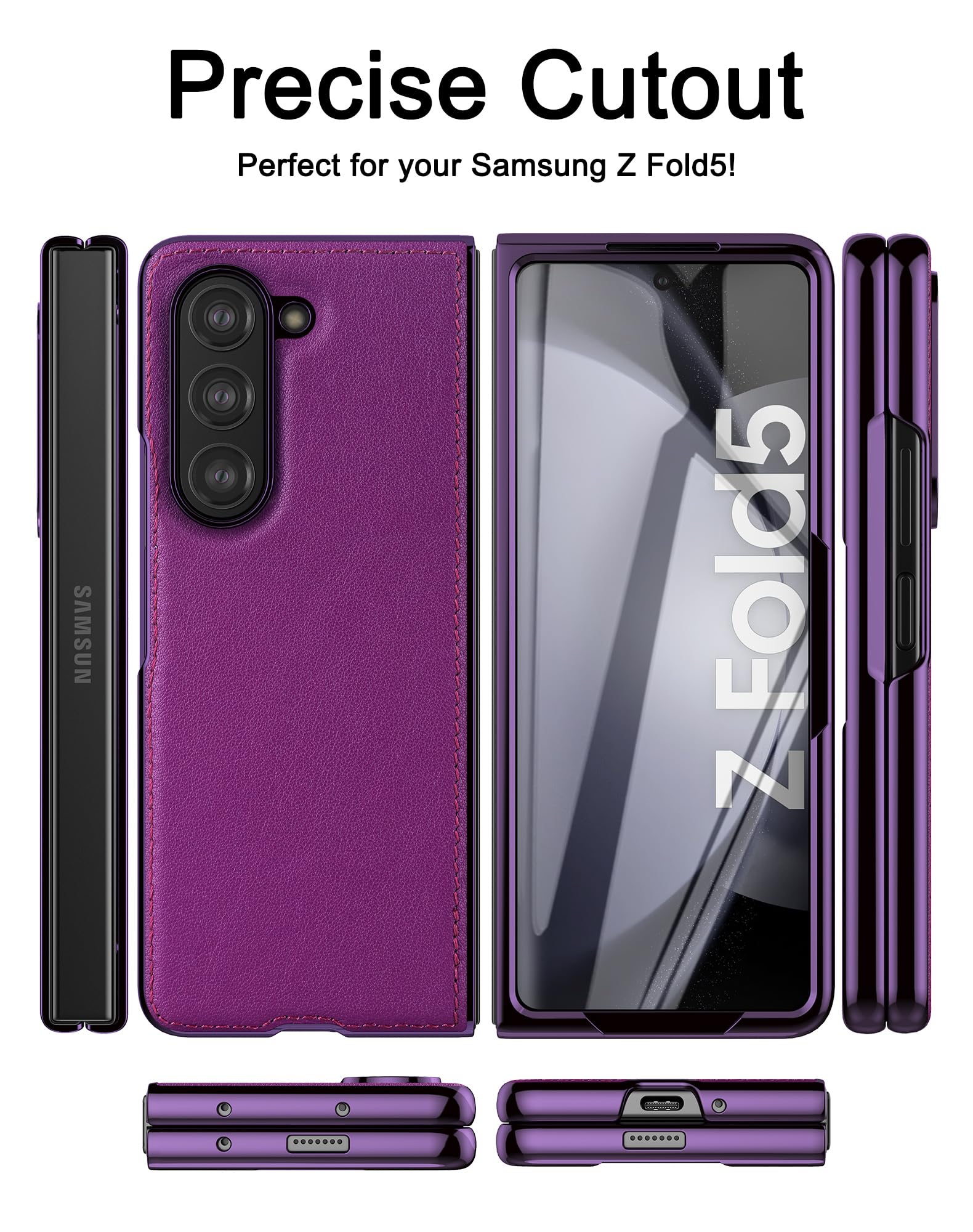 Feitenn for Samsung Z Fold 5 Case, Z Fold 5 Genuine Leather Back Case Slim Hard PC Bling Shockproof Case with Front Tempered Glass Screen Protector Film for Samsung Z Fold 5 2023 (Purple)