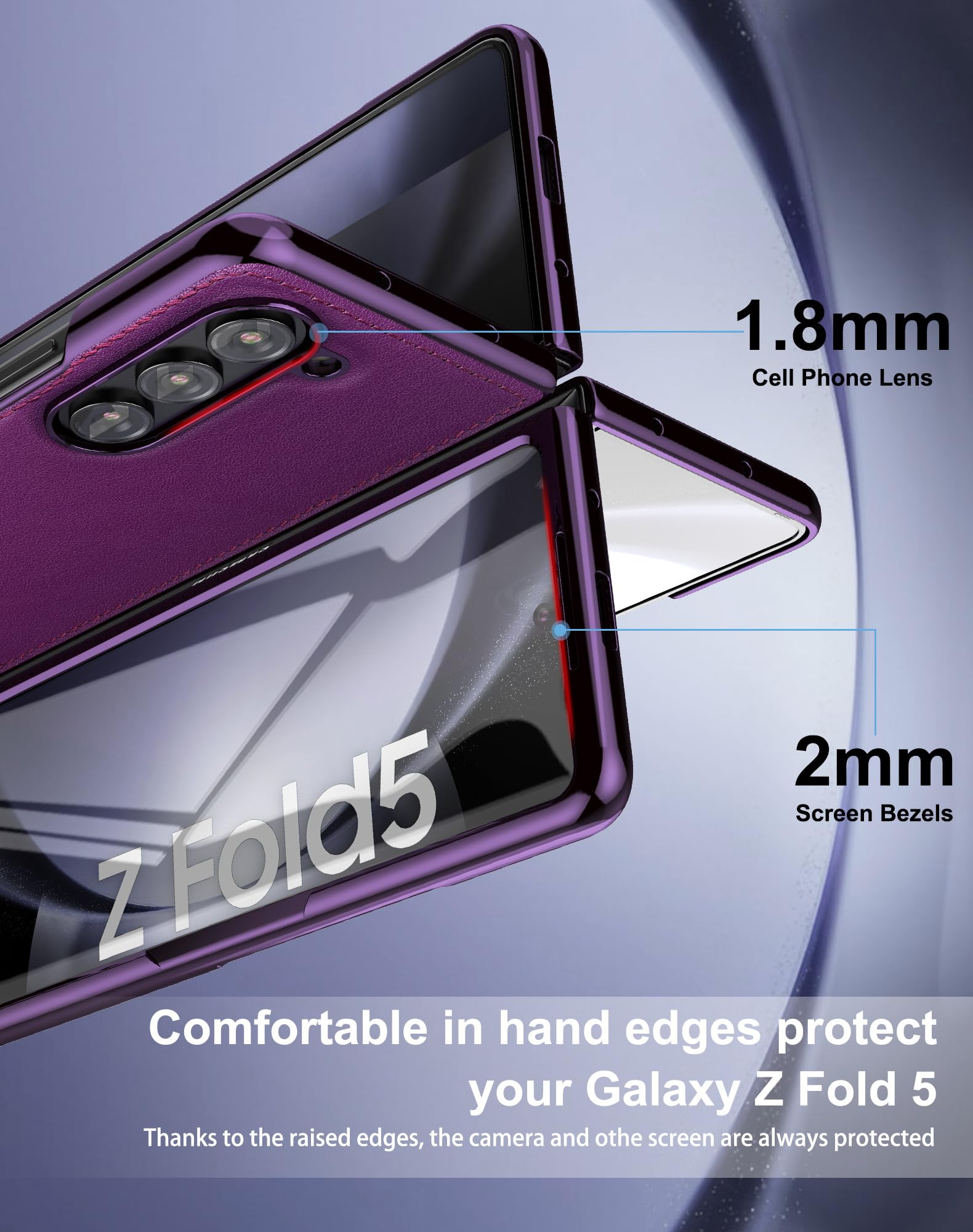 Feitenn for Samsung Z Fold 5 Case, Z Fold 5 Genuine Leather Back Case Slim Hard PC Bling Shockproof Case with Front Tempered Glass Screen Protector Film for Samsung Z Fold 5 2023 (Purple)