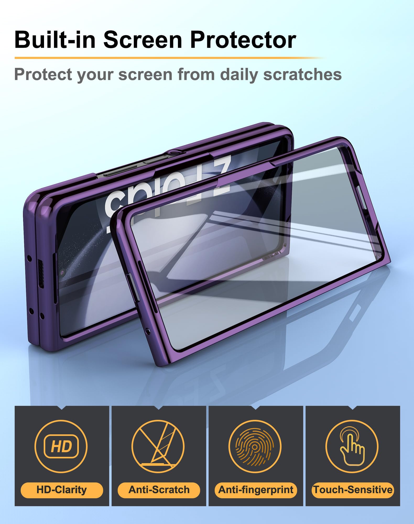 Feitenn for Samsung Z Fold 5 Case, Z Fold 5 Genuine Leather Back Case Slim Hard PC Bling Shockproof Case with Front Tempered Glass Screen Protector Film for Samsung Z Fold 5 2023 (Purple)