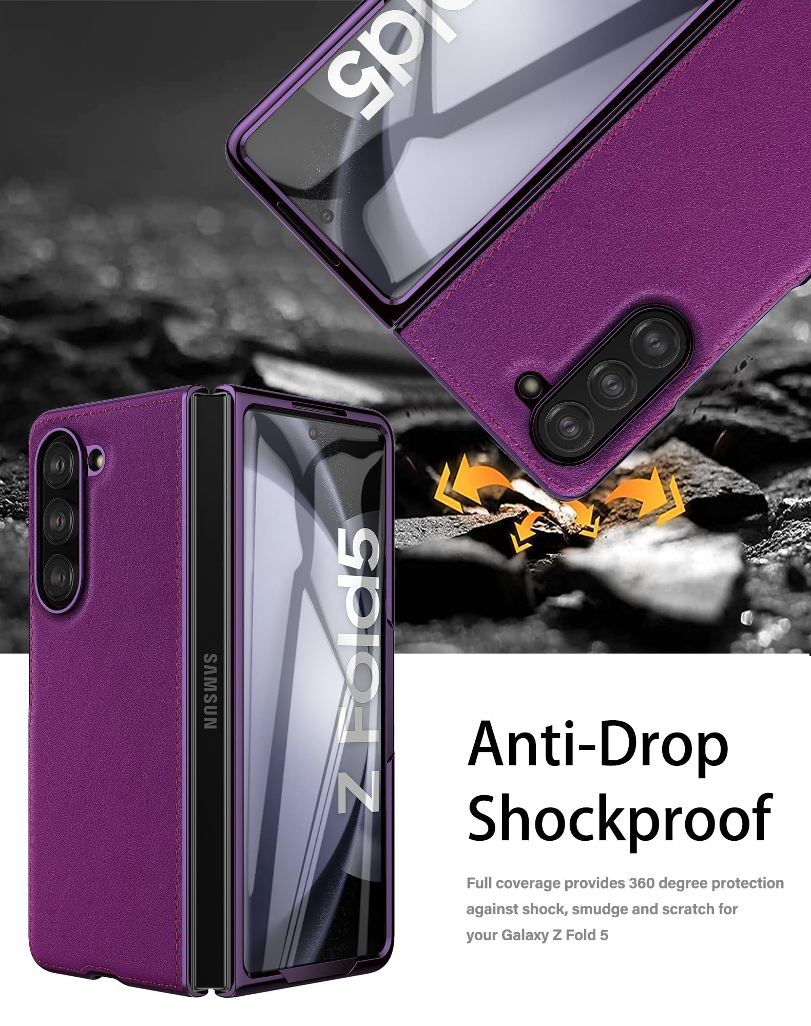 Feitenn for Samsung Z Fold 5 Case, Z Fold 5 Genuine Leather Back Case Slim Hard PC Bling Shockproof Case with Front Tempered Glass Screen Protector Film for Samsung Z Fold 5 2023 (Purple)