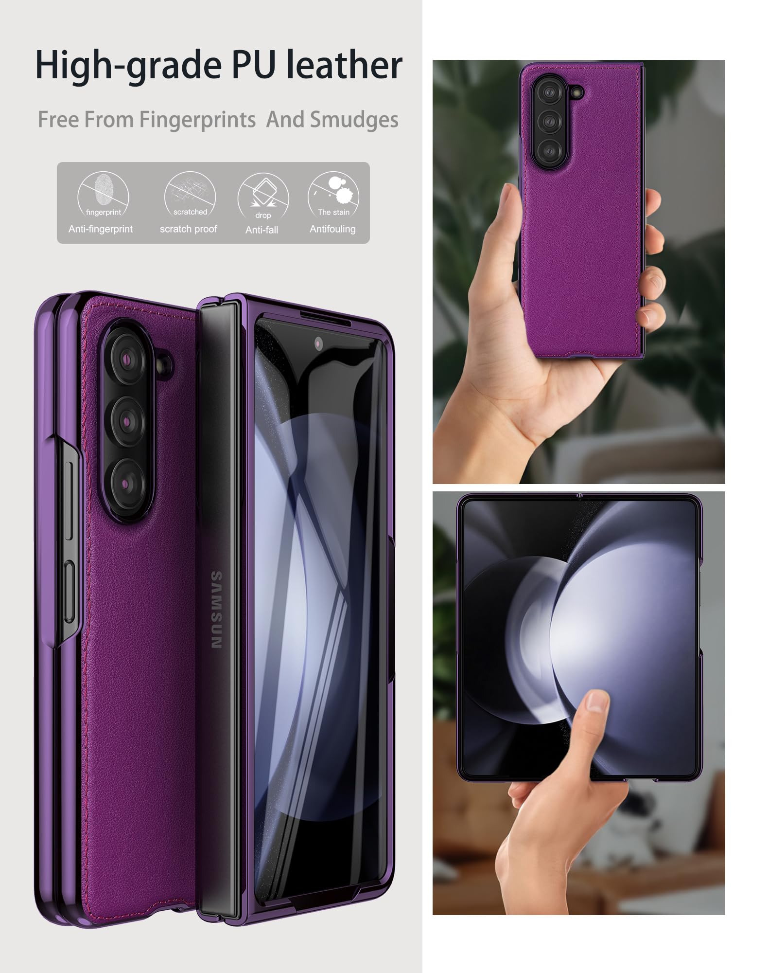 Feitenn for Samsung Z Fold 5 Case, Z Fold 5 Genuine Leather Back Case Slim Hard PC Bling Shockproof Case with Front Tempered Glass Screen Protector Film for Samsung Z Fold 5 2023 (Purple)