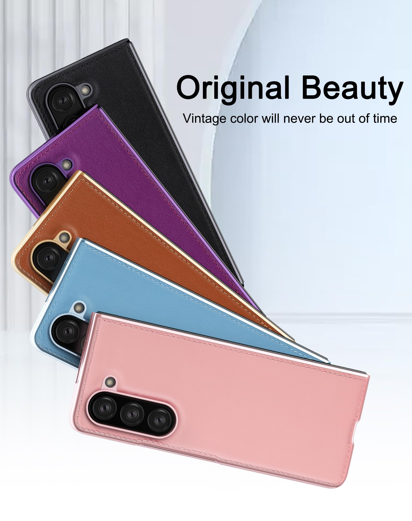 Feitenn for Samsung Z Fold 5 Case, Z Fold 5 Genuine Leather Back Case Slim Hard PC Bling Shockproof Case with Front Tempered Glass Screen Protector Film for Samsung Z Fold 5 2023 (Purple)