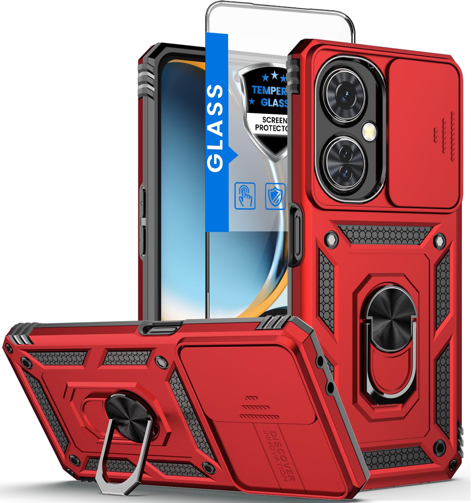 Liufcx for Oneplus Nord N30 5G Case + Screen Protector with Kickstand & Slide Lens Protector Cover, Heavy Duty Armor Shockproof Rugged Military Grade Protective Case for Oneplus Nord N30 5G (Red)