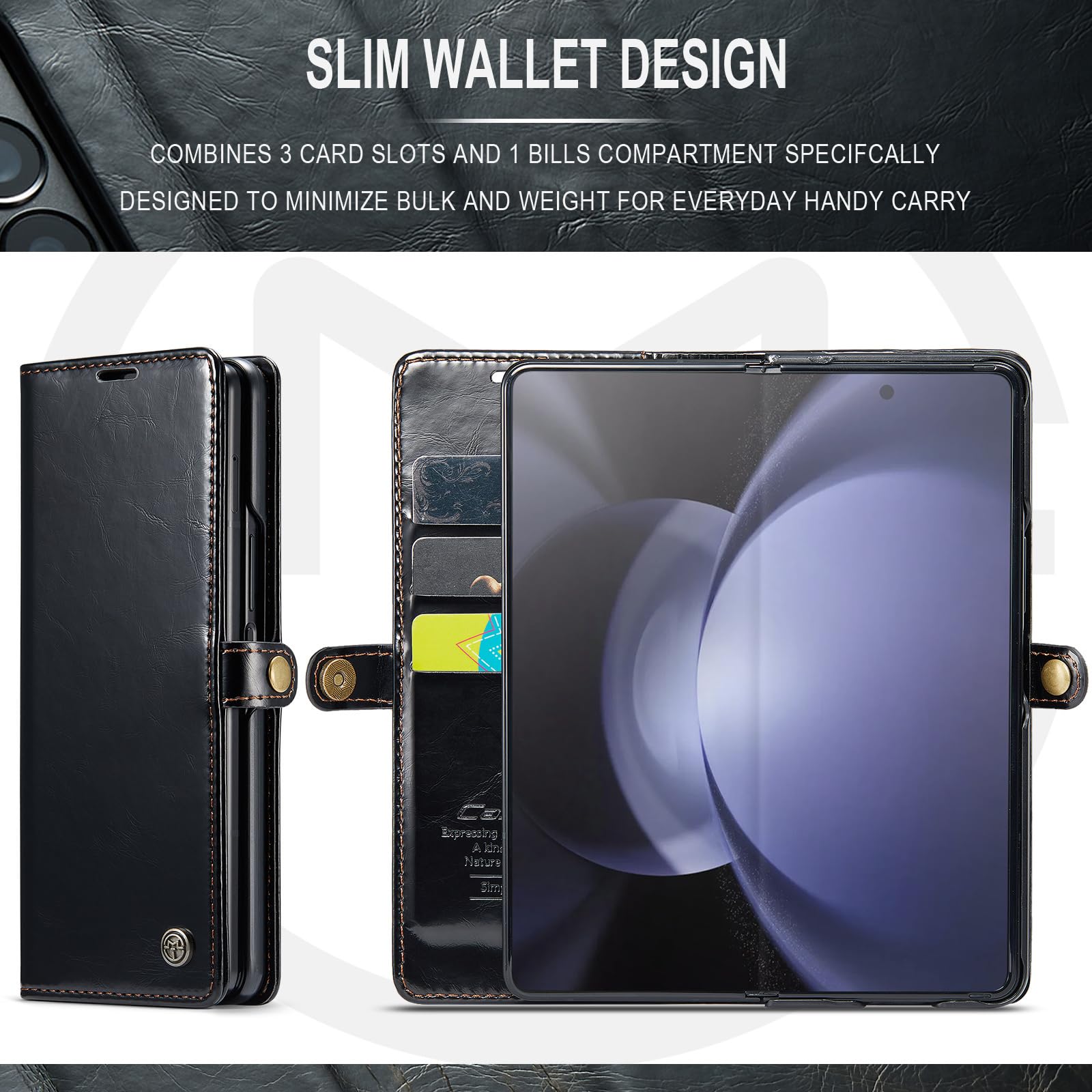 SZHAIYU Smooth Retro Premium Flip Leather Phone Case for Samsung Galaxy Z Fold 5 5G Case Wallet with Card Holder Kickstand 7.6'' Fold5 Book Cover (Black,Z Fold 5)