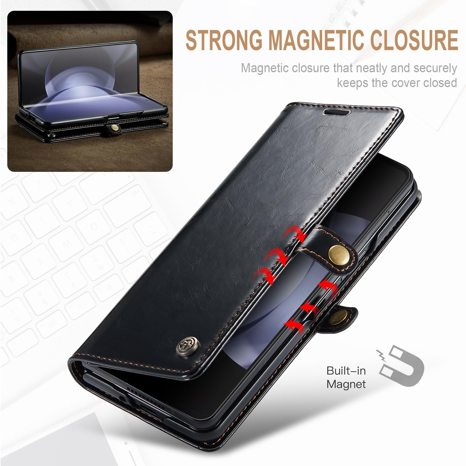 SZHAIYU Smooth Retro Premium Flip Leather Phone Case for Samsung Galaxy Z Fold 5 5G Case Wallet with Card Holder Kickstand 7.6'' Fold5 Book Cover (Black,Z Fold 5)