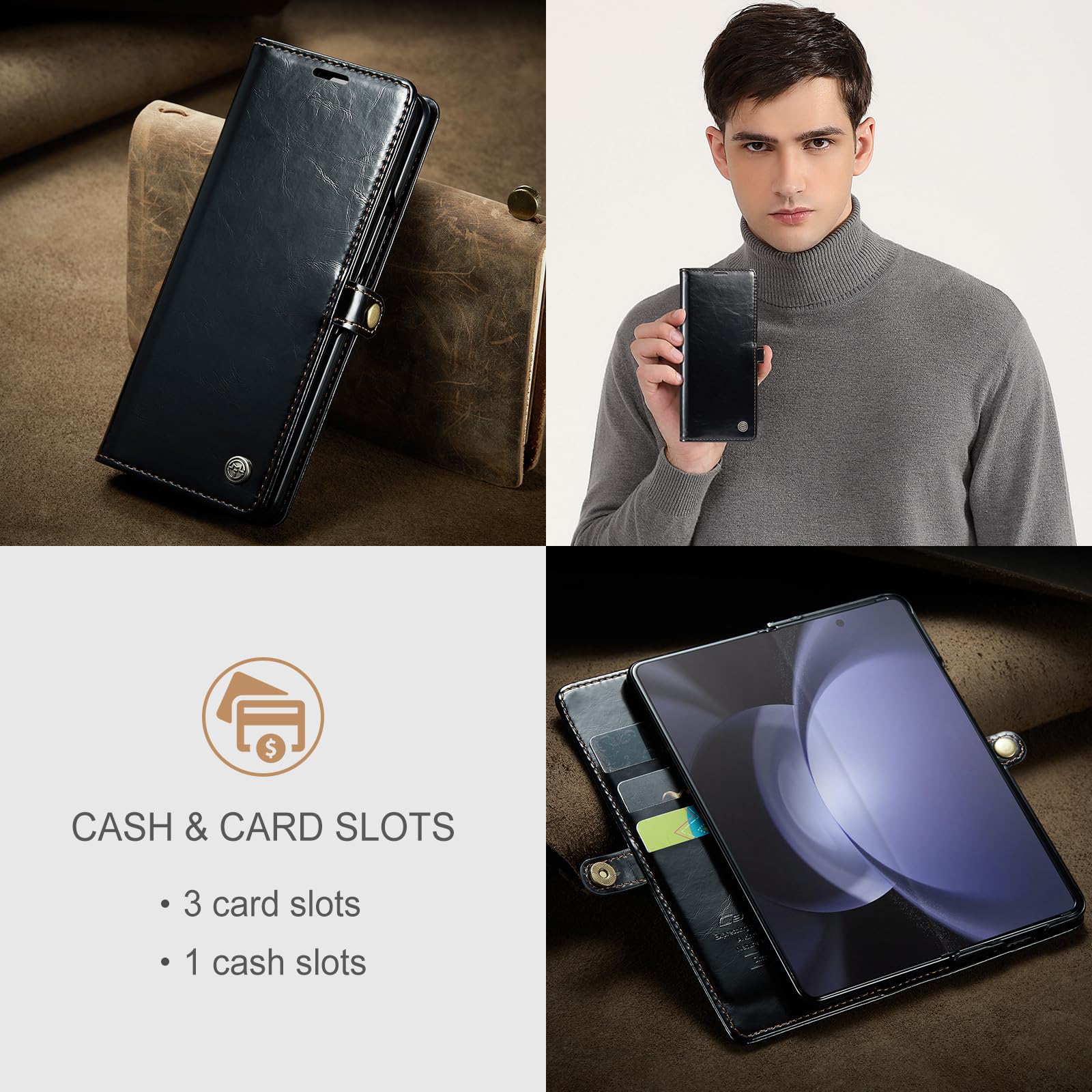 SZHAIYU Smooth Retro Premium Flip Leather Phone Case for Samsung Galaxy Z Fold 5 5G Case Wallet with Card Holder Kickstand 7.6'' Fold5 Book Cover (Black,Z Fold 5)