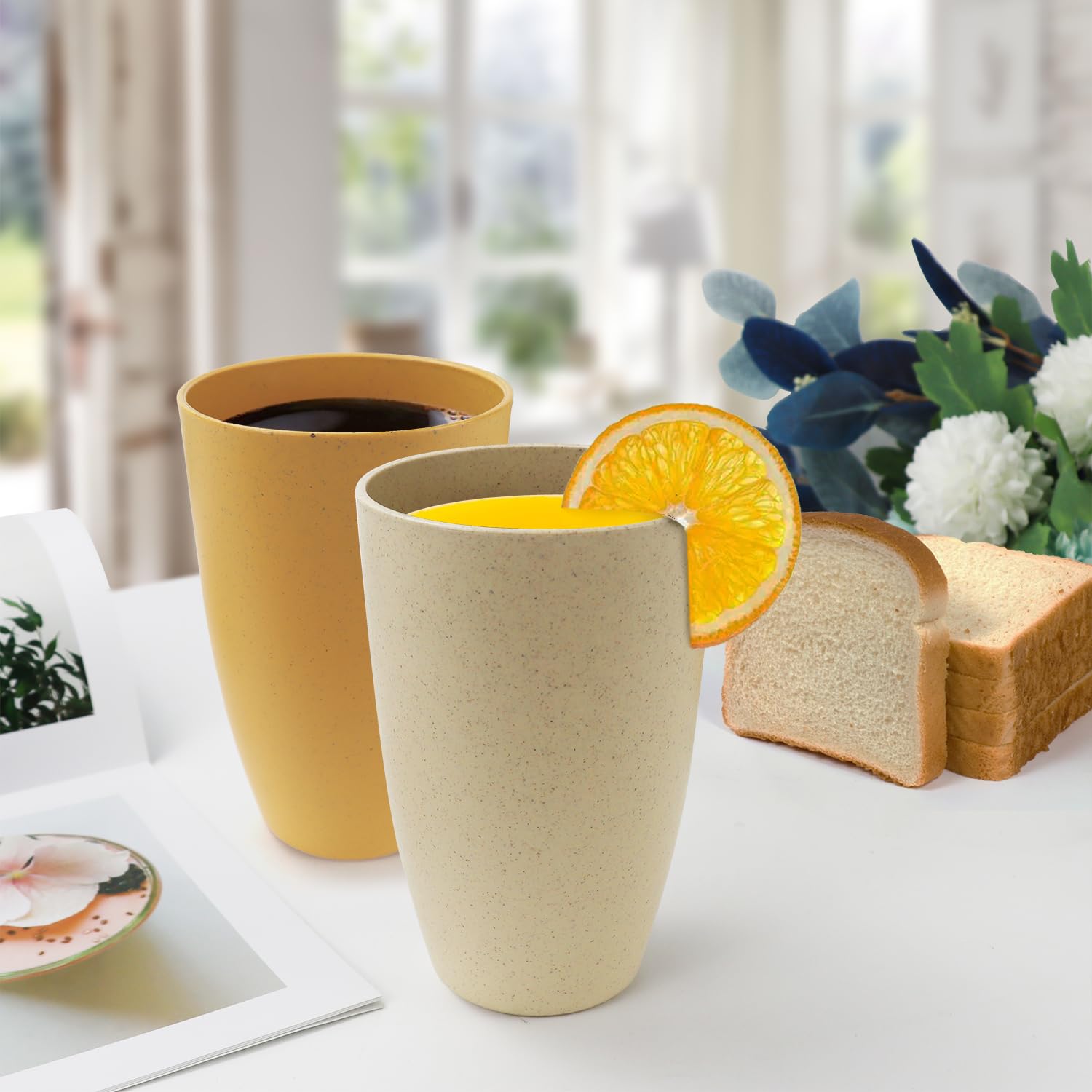 PYRMONT Plastic Cups 6 Pack Wheat Straw Cups 20oz Unbreakable Kid Cups Tumbler Cups for Kitchen Durable Drinking Cups Reusable Small Water Cups Dishwasher & Microwave Safe, BPA Free, PT01