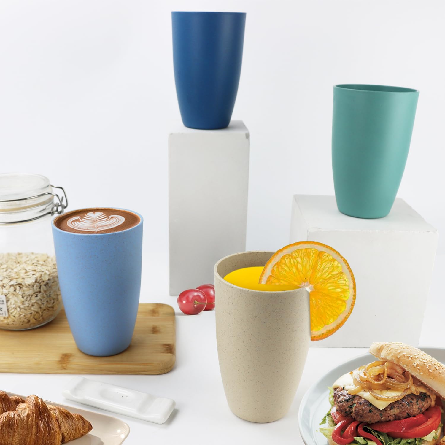 PYRMONT Plastic Cups 6 Pack Wheat Straw Cups 20oz Unbreakable Kid Cups Tumbler Cups for Kitchen Durable Drinking Cups Reusable Small Water Cups Dishwasher & Microwave Safe, BPA Free, PT01