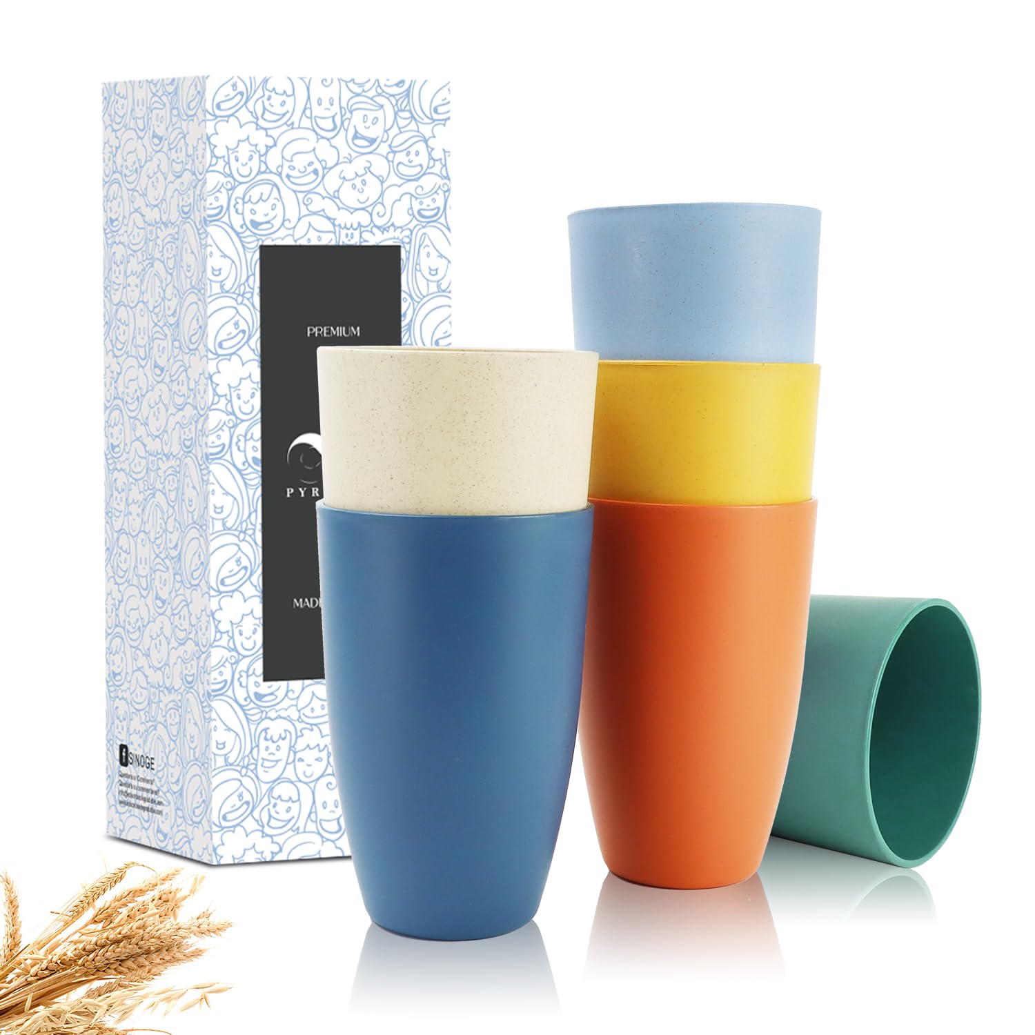 PYRMONT Plastic Cups 6 Pack Wheat Straw Cups 20oz Unbreakable Kid Cups Tumbler Cups for Kitchen Durable Drinking Cups Reusable Small Water Cups Dishwasher & Microwave Safe, BPA Free, PT01