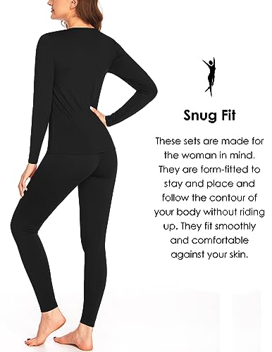 Ekouaer Women's Thermal Underwear Sets Micro Fleece Lined Long Johns Base Layer Thermals 2 Pieces Set Black M