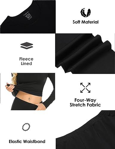 Ekouaer Women's Thermal Underwear Sets Micro Fleece Lined Long Johns Base Layer Thermals 2 Pieces Set Black M