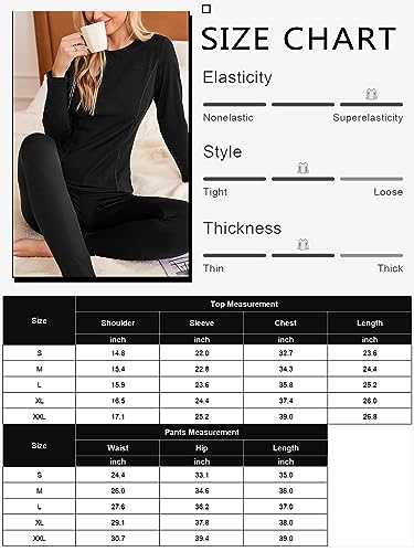 Ekouaer Women's Thermal Underwear Sets Micro Fleece Lined Long Johns Base Layer Thermals 2 Pieces Set Black M