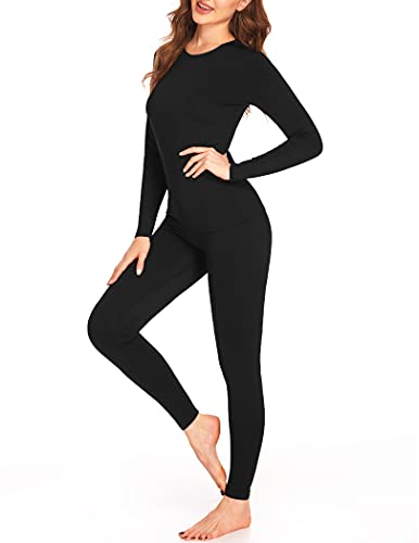 Ekouaer Women's Thermal Underwear Sets Micro Fleece Lined Long Johns Base Layer Thermals 2 Pieces Set Black M
